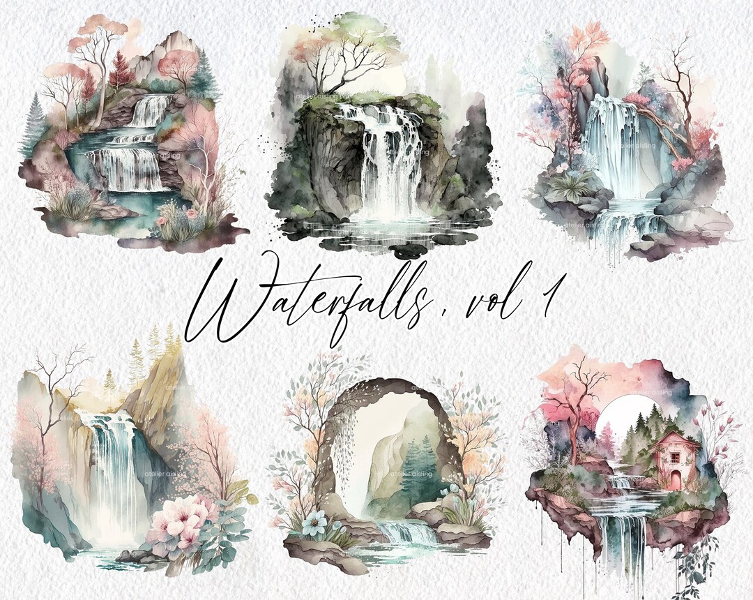Cute Watercolor Waterfall Scenes, Volume 1, Commercial Use Clipart ...