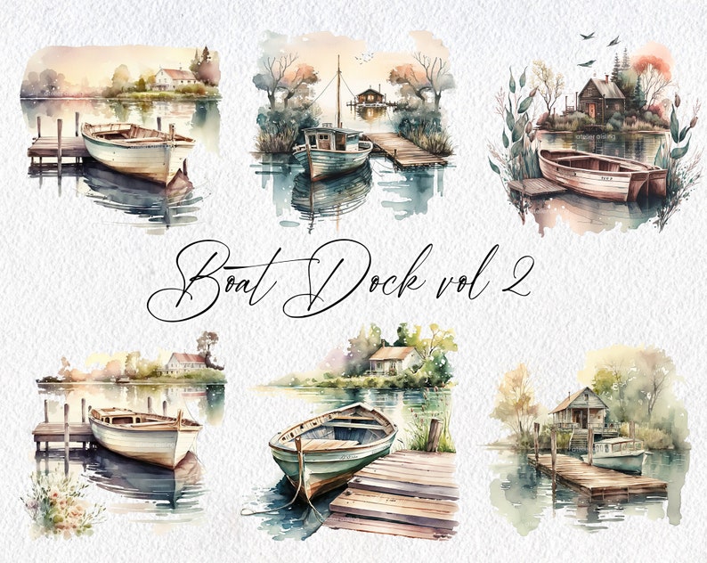 Cute Watercolor Boat Dock Scenes Volume 2 Commercial Use - Etsy