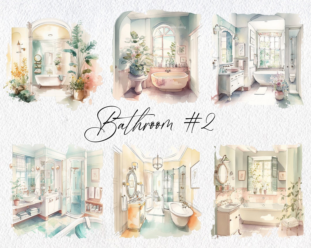 Cute Watercolor Bathroom Scenes, Volume 2, Commercial Use Clipart, Home ...