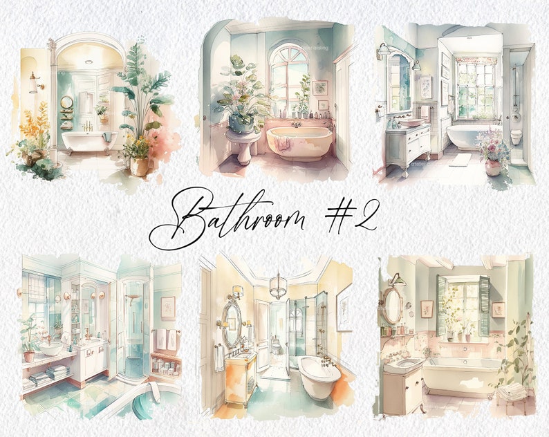Cute Watercolor Bathroom Scenes, Volume 2, Commercial Use Clipart, Home ...