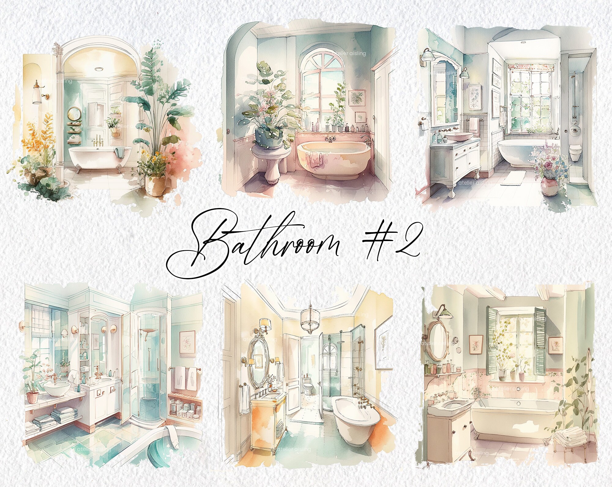 Cute Watercolor Bathroom Scenes, Volume 2, Commercial Use Clipart, Home ...