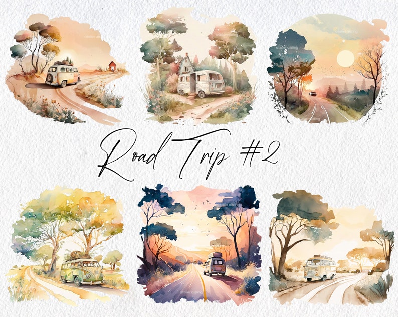 Cute Watercolor Road Trip Scenes, Volume 2, Commercial Use Clipart ...