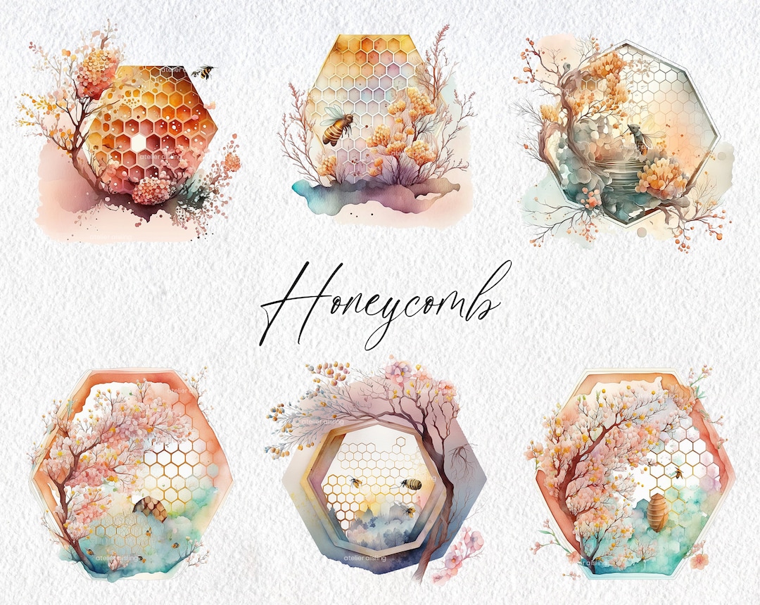 Cute Watercolor Honeycomb Scenes, Commercial Use Clipart, Bee Clipart ...