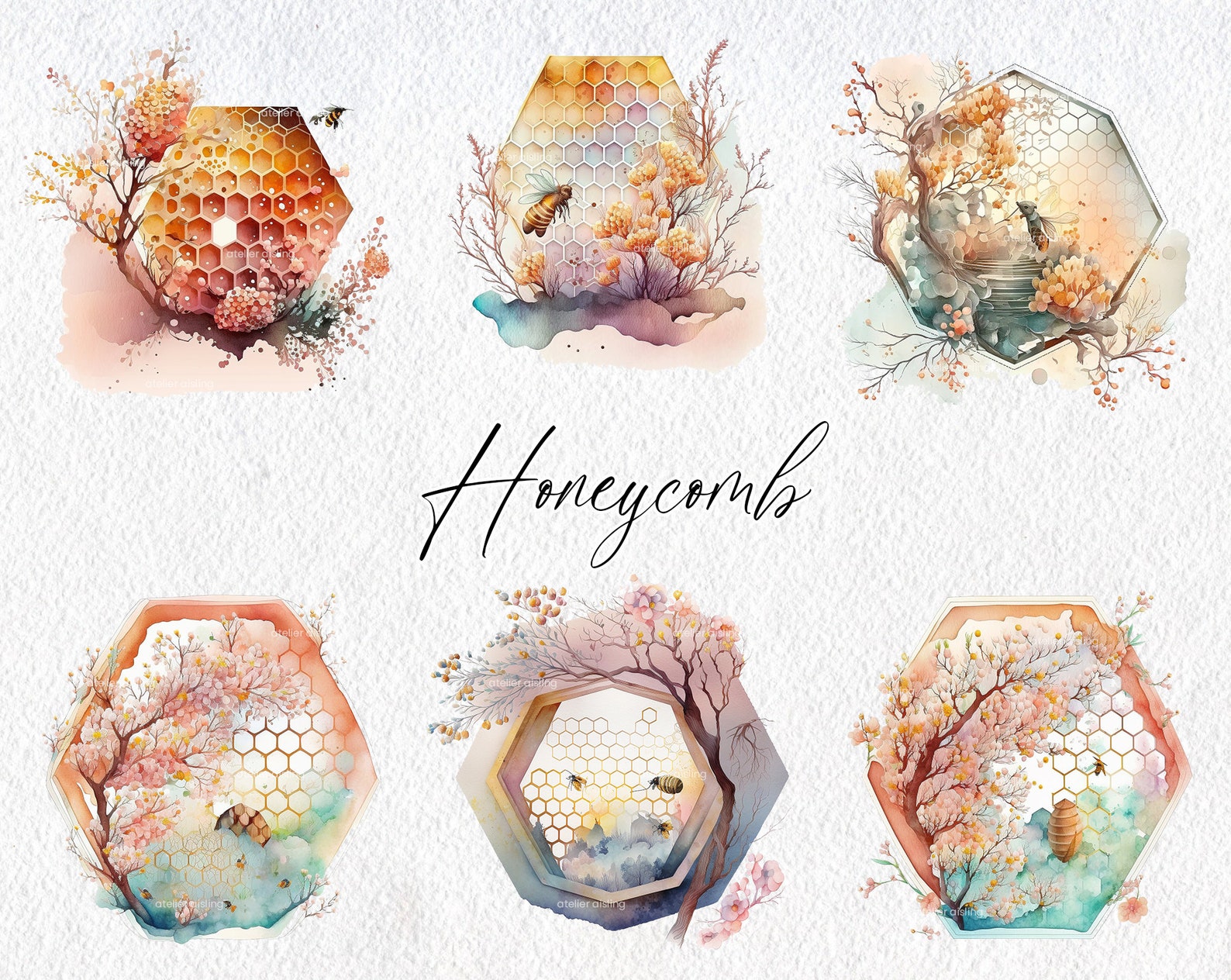 Cute Watercolor Honeycomb Scenes, Commercial Use Clipart, Bee Clipart ...