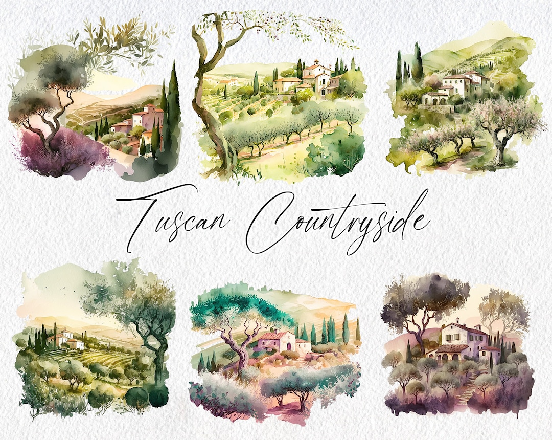 Cute Watercolor Tuscan Countryside Scenes, Commercial Use Clipart ...