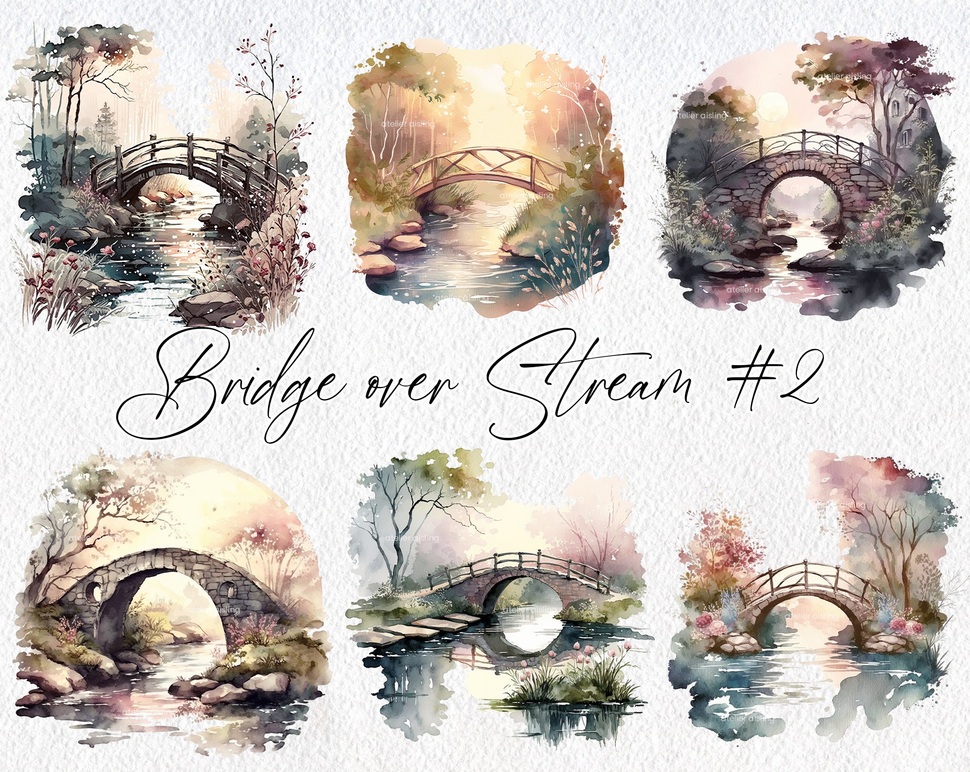Cute Watercolor Bridge Over Stream Scenes Volume 2 - Etsy