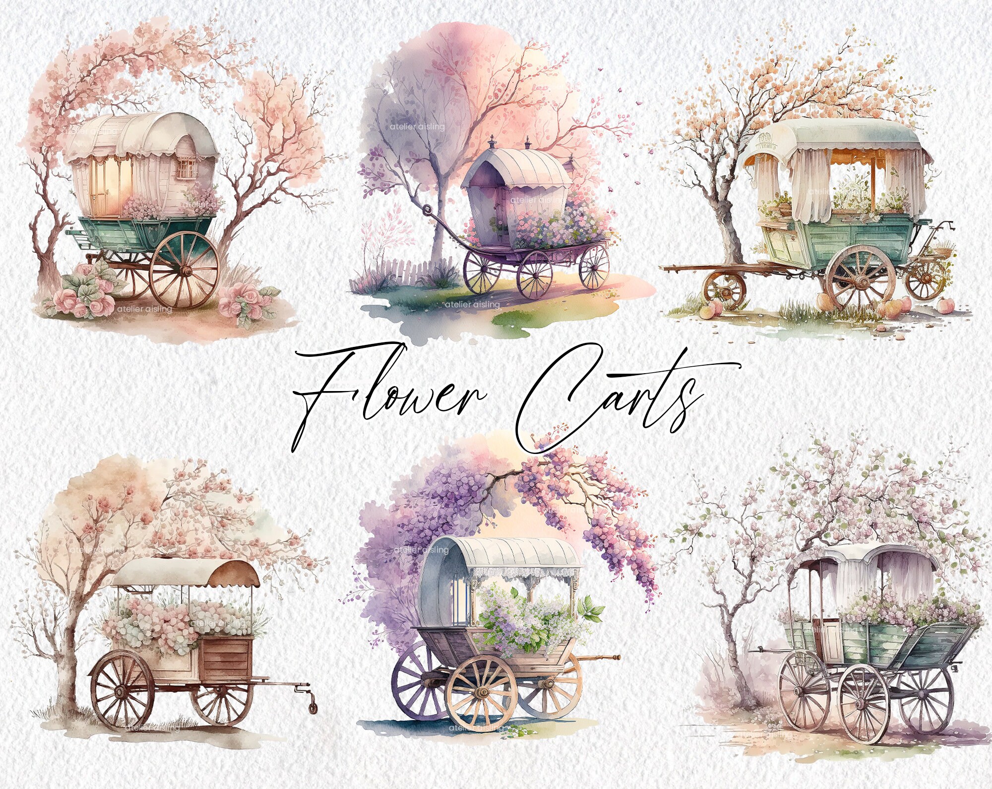 Cute Watercolor Flower Cart Scenes Commercial Use Clipart - Etsy