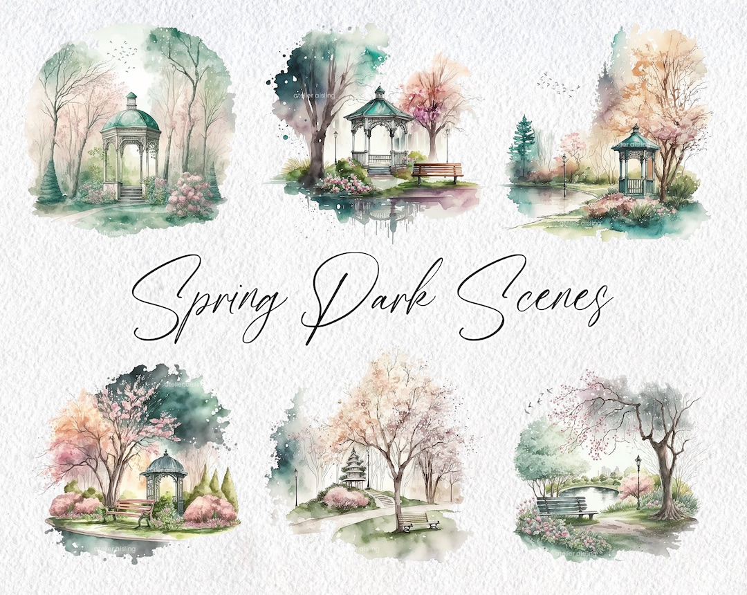 Cute Watercolor Spring Park Scenes Commercial Use Clipart Park