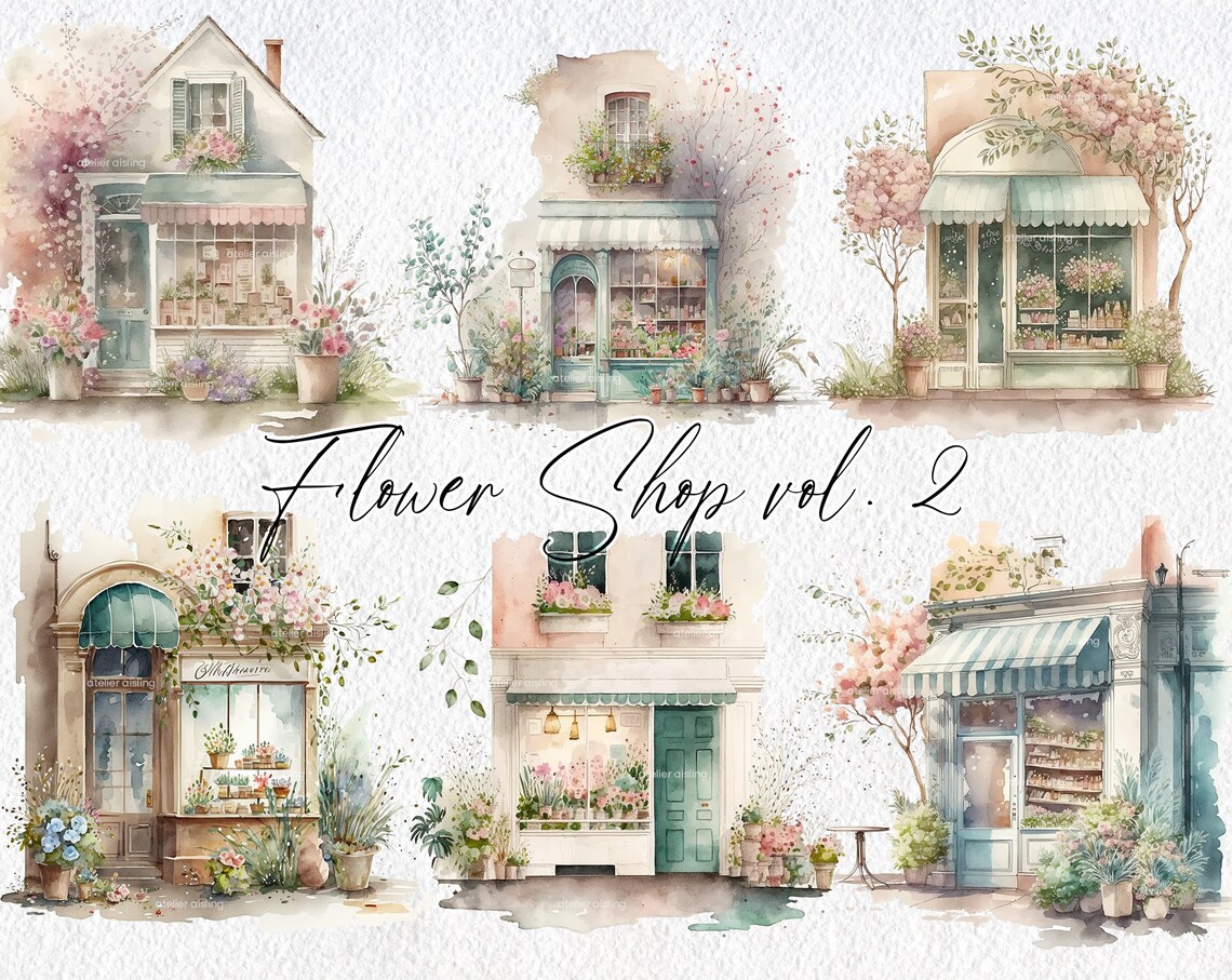 Cute Watercolor Flower Shops Scenes Volume 2 Commercial Use - Etsy