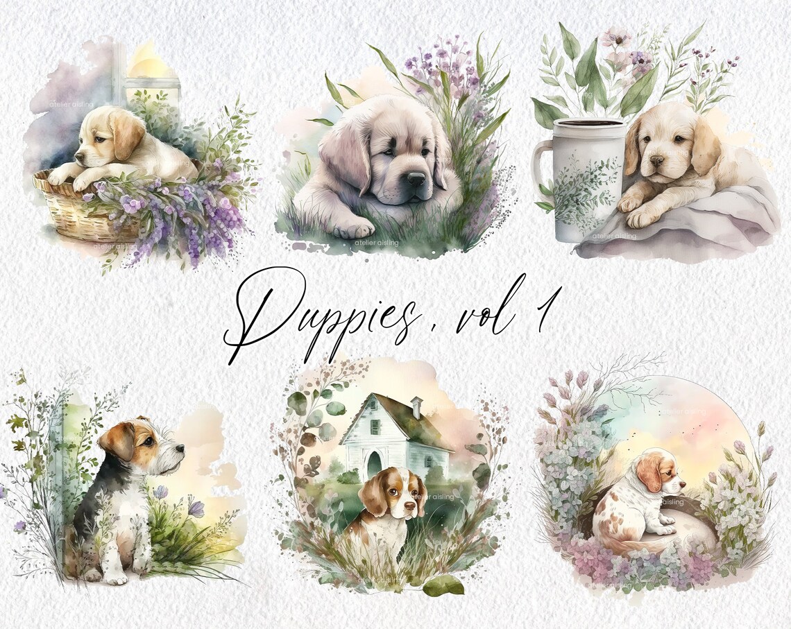 Cute Watercolor Puppy Portraits, Volume 1, Commercial Use Clipart ...