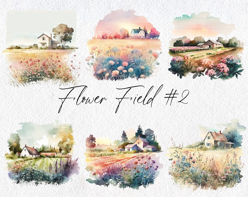 Cute Watercolor Flower Field Scenes, Volume 2, Commercial Use Clipart ...