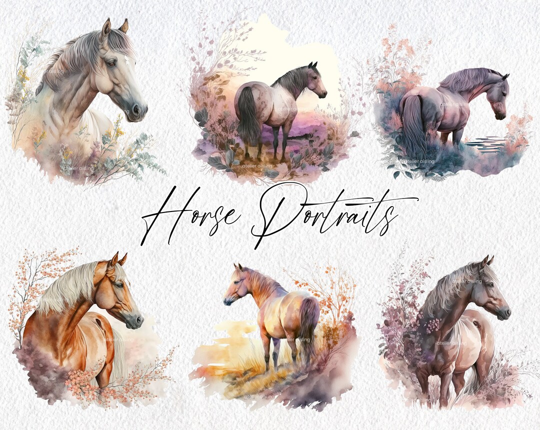 Cute Watercolor Spring Horse Portraits, Commercial Use Clipart, Scene ...