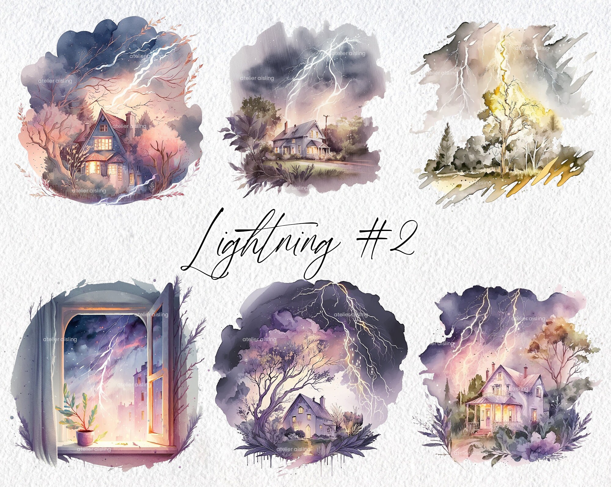 Cute Watercolor Lightning Strike Scenes, Volume 2, Commercial Use ...
