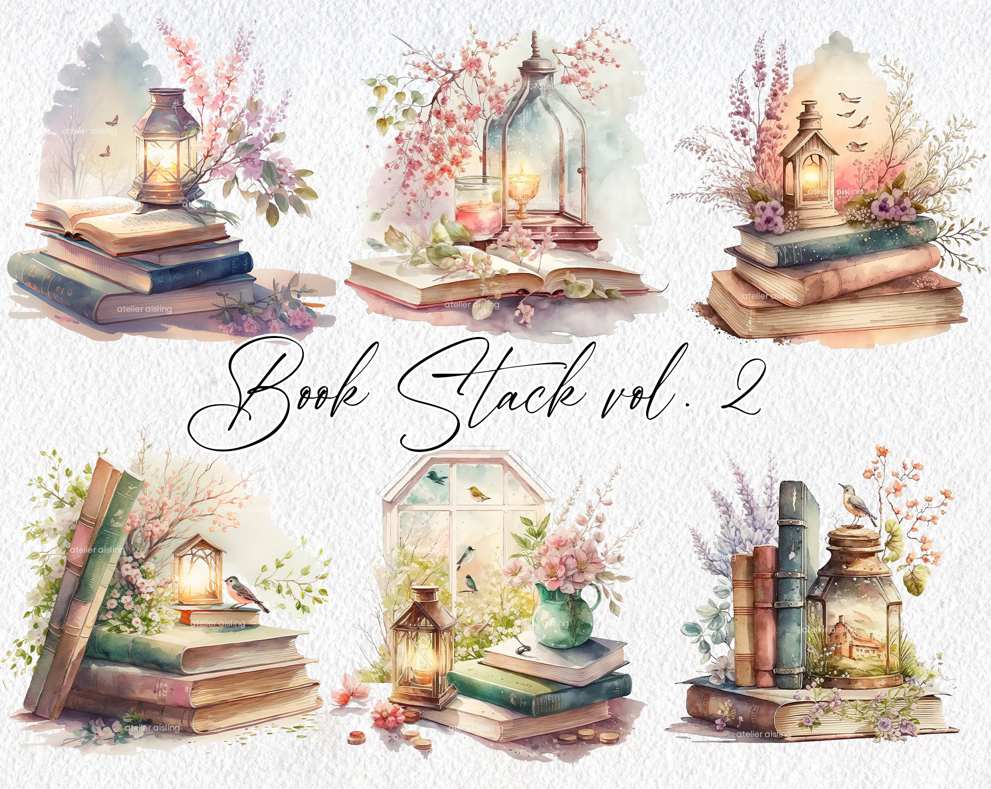 Cute Watercolor Book Stack Scenes Volume 2 Commercial Use - Etsy