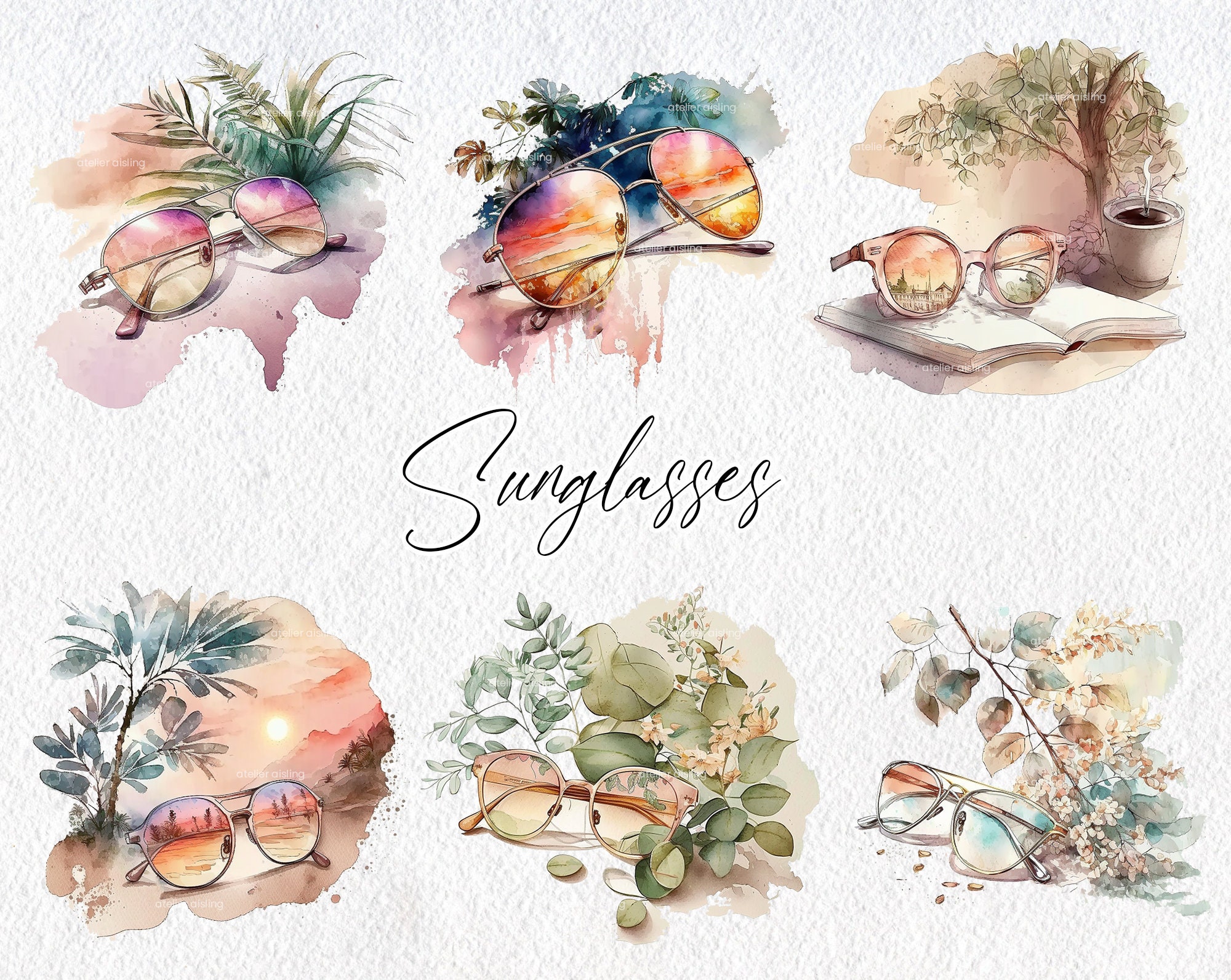 Cute Watercolor Sunglasses Scenes, Commercial Use Clipart, Beach ...