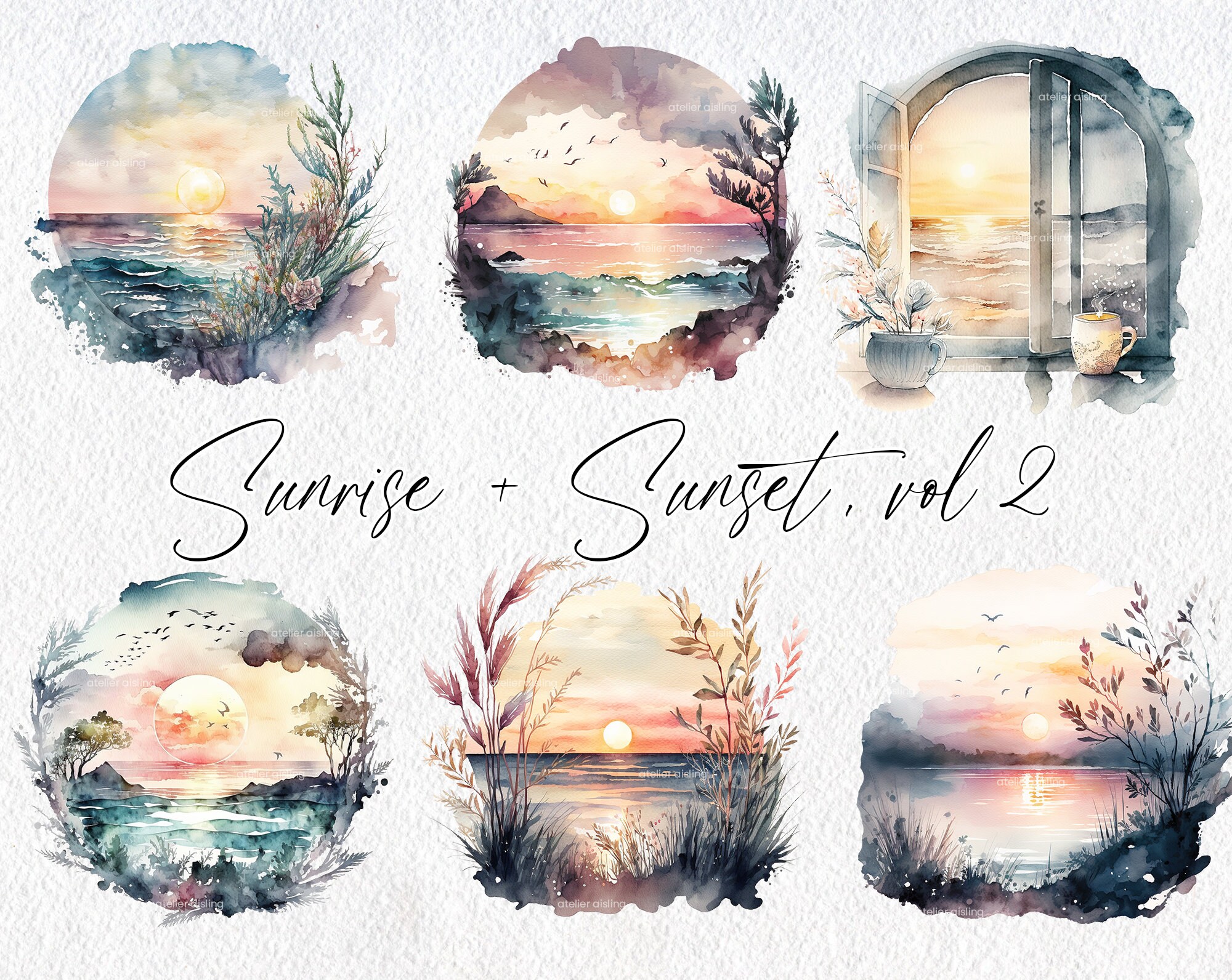Cute Watercolor Sunrise Sunset Scenes, Volume 2, Commercial Use Clipart ...