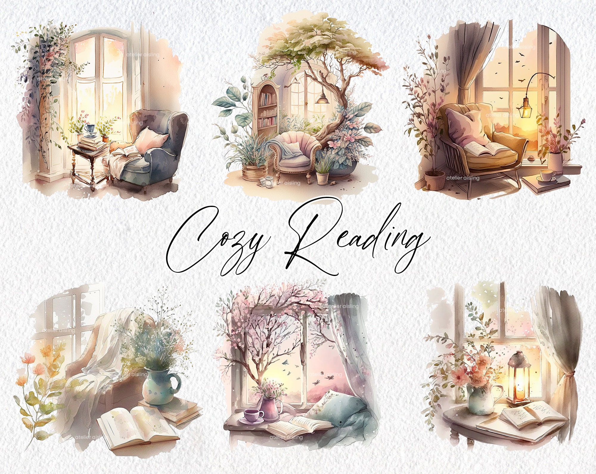 Cute Watercolor Cozy Reading Nook Scenes Commercial Use - Etsy