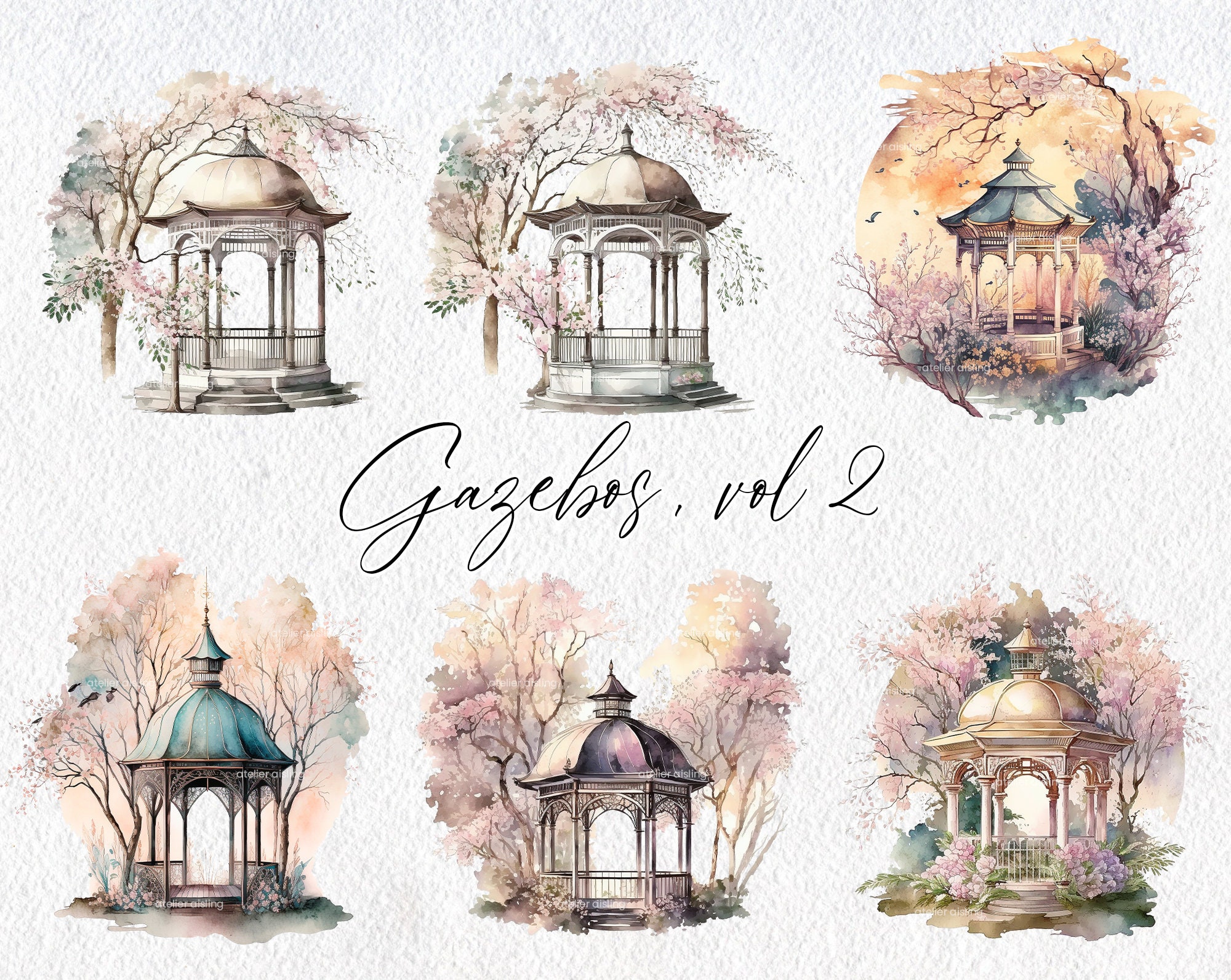 Cute Watercolor Gazebo Scenes Volume 2 Commercial Use - Etsy