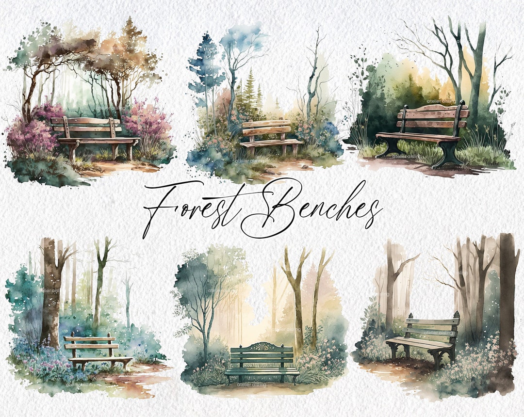 Cute Watercolor Forest Benches Scenes Commercial Use Clipart - Etsy