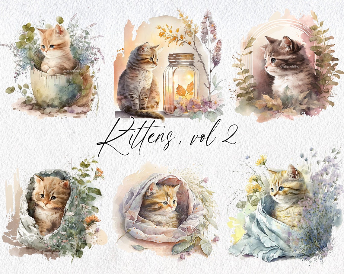 Cute Watercolor Kitten Portraits, Volume 2, Commercial Use Clipart ...