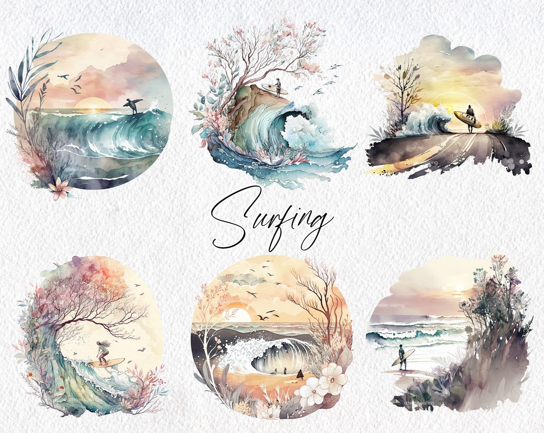 Cute Watercolor Surfing Scenes Commercial Use Clipart Surf - Etsy