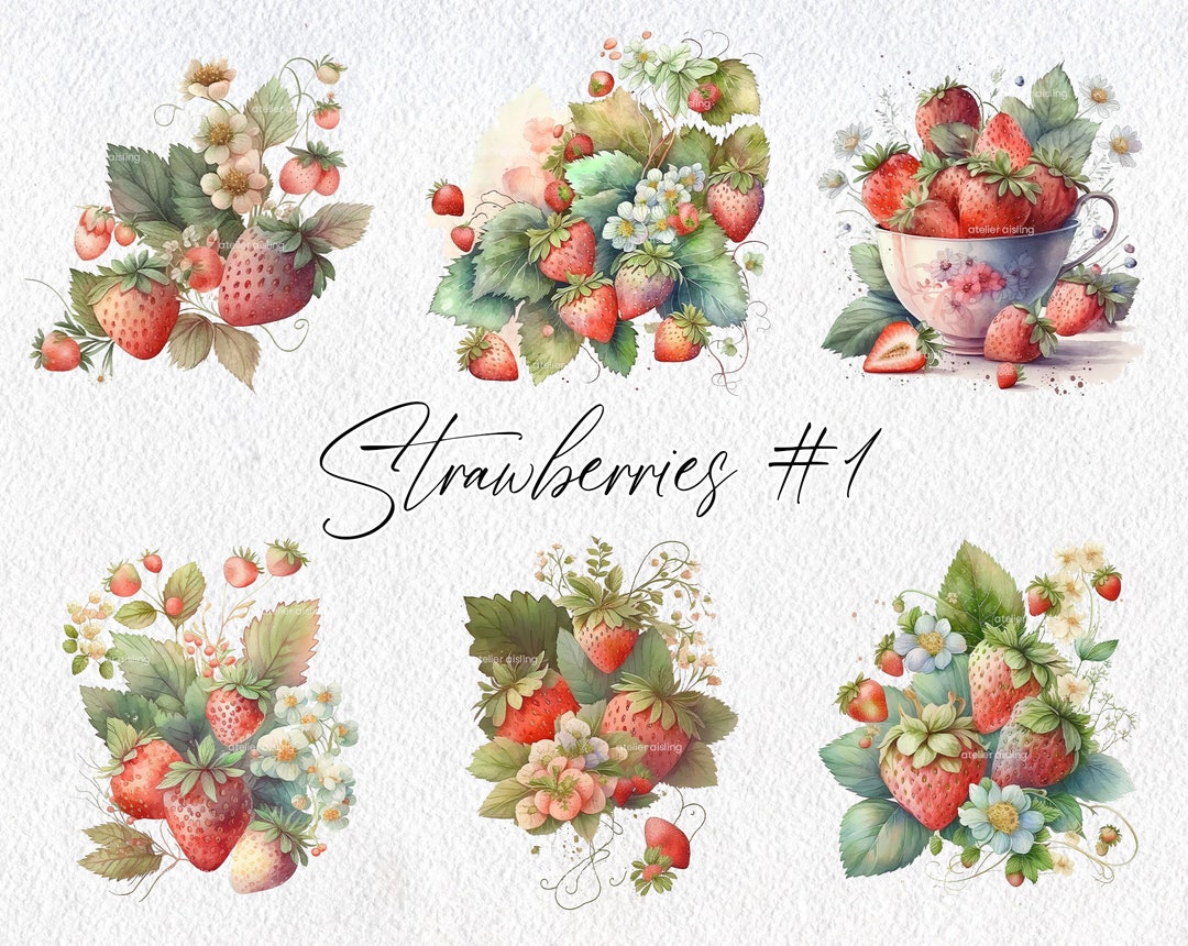 Cute Watercolor Strawberry Scenes, Volume 1, Commercial Use Clipart ...