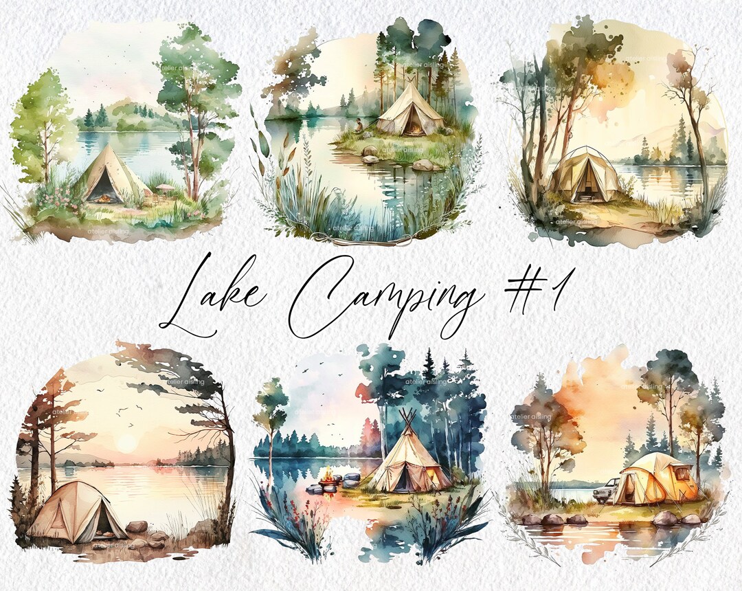 Cute Watercolor Lake Camping Scenes, Volume 1, Commercial Use Clipart ...
