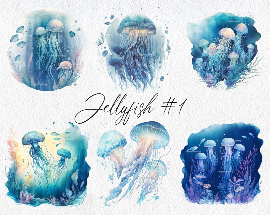 Cute Watercolor Jellyfish Scenes, Volume 1, Commercial Use Clipart ...