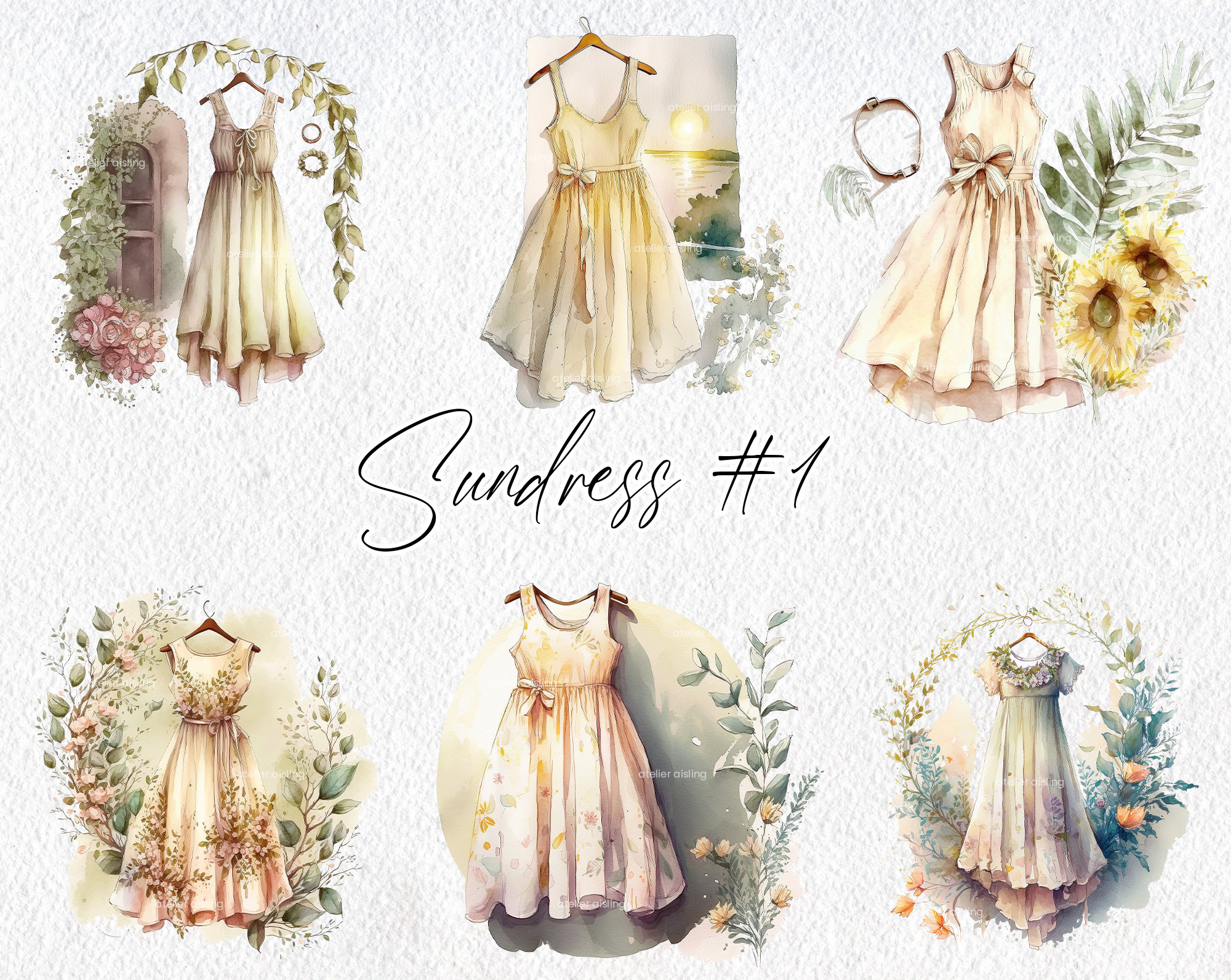 Cute Watercolor Sundress Scenes, Volume 1, Commercial Use Clipart ...