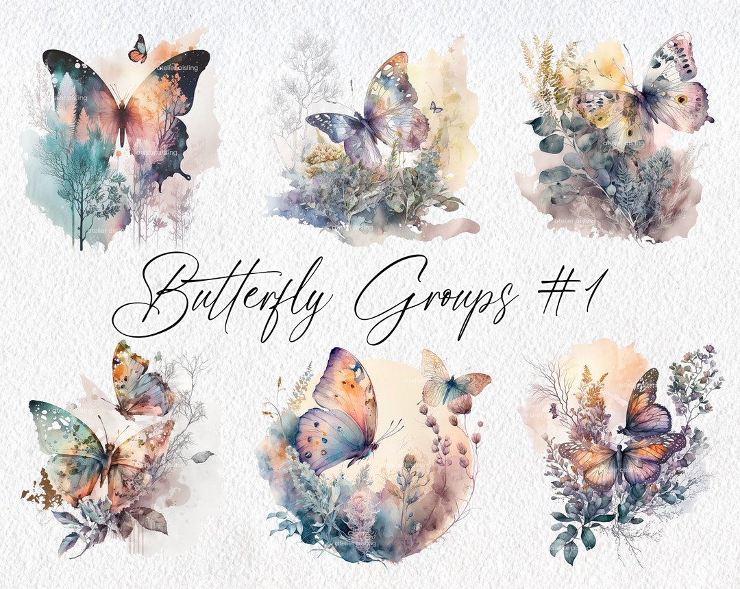 Cute Watercolor Butterfly Group Scenes, Volume 1, Commercial Use ...