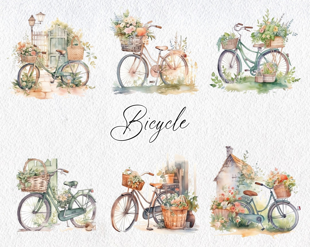 Cute Watercolor Bicycle Scenes, Commercial Use Clipart, Bike Clipart ...