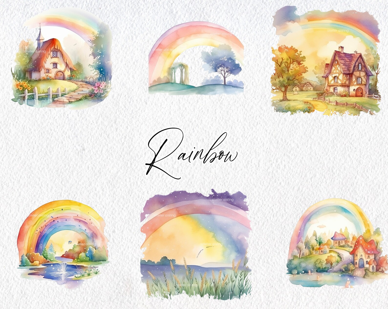 Cute Watercolor Rainbow Scenes, Commercial Use Clipart, Rainbows ...