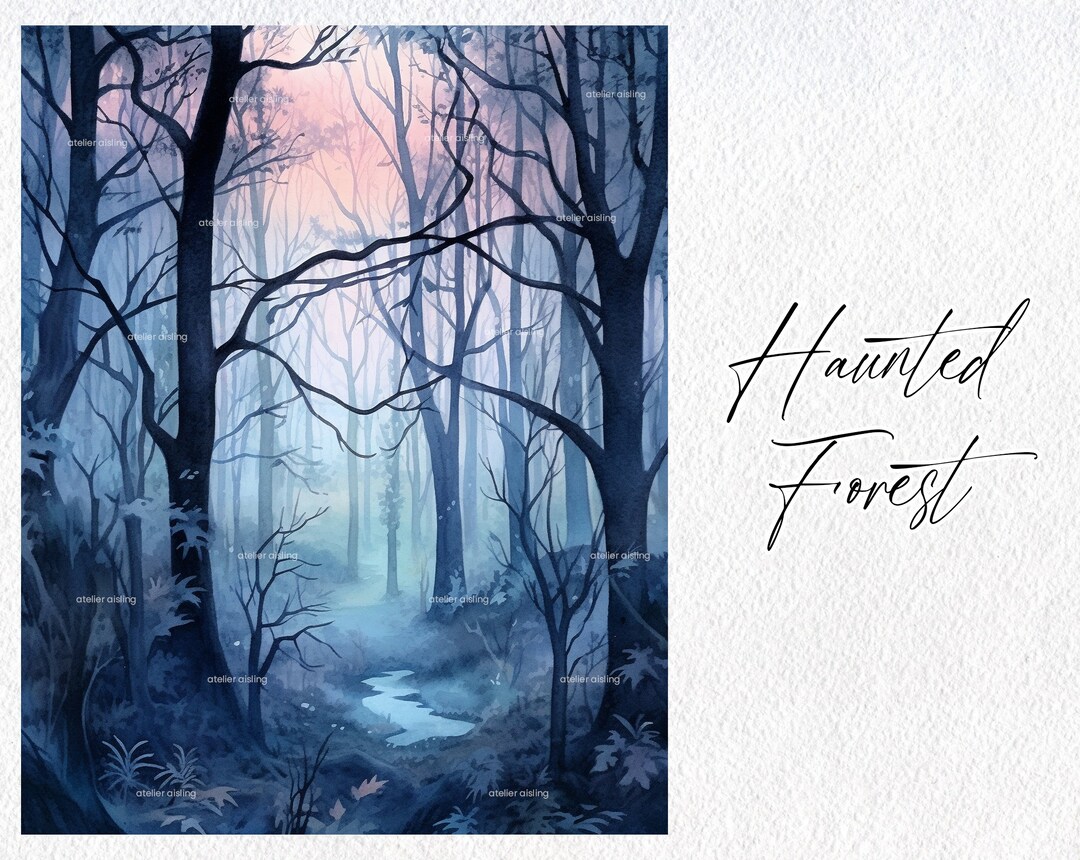 Cute Watercolor Haunted Forest Scene, Commercial Use Clipart, Scrapbook ...