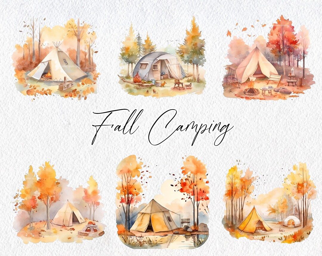 Cute Watercolor Fall Camping, Commercial Use Clipart, Fall Clipart ...
