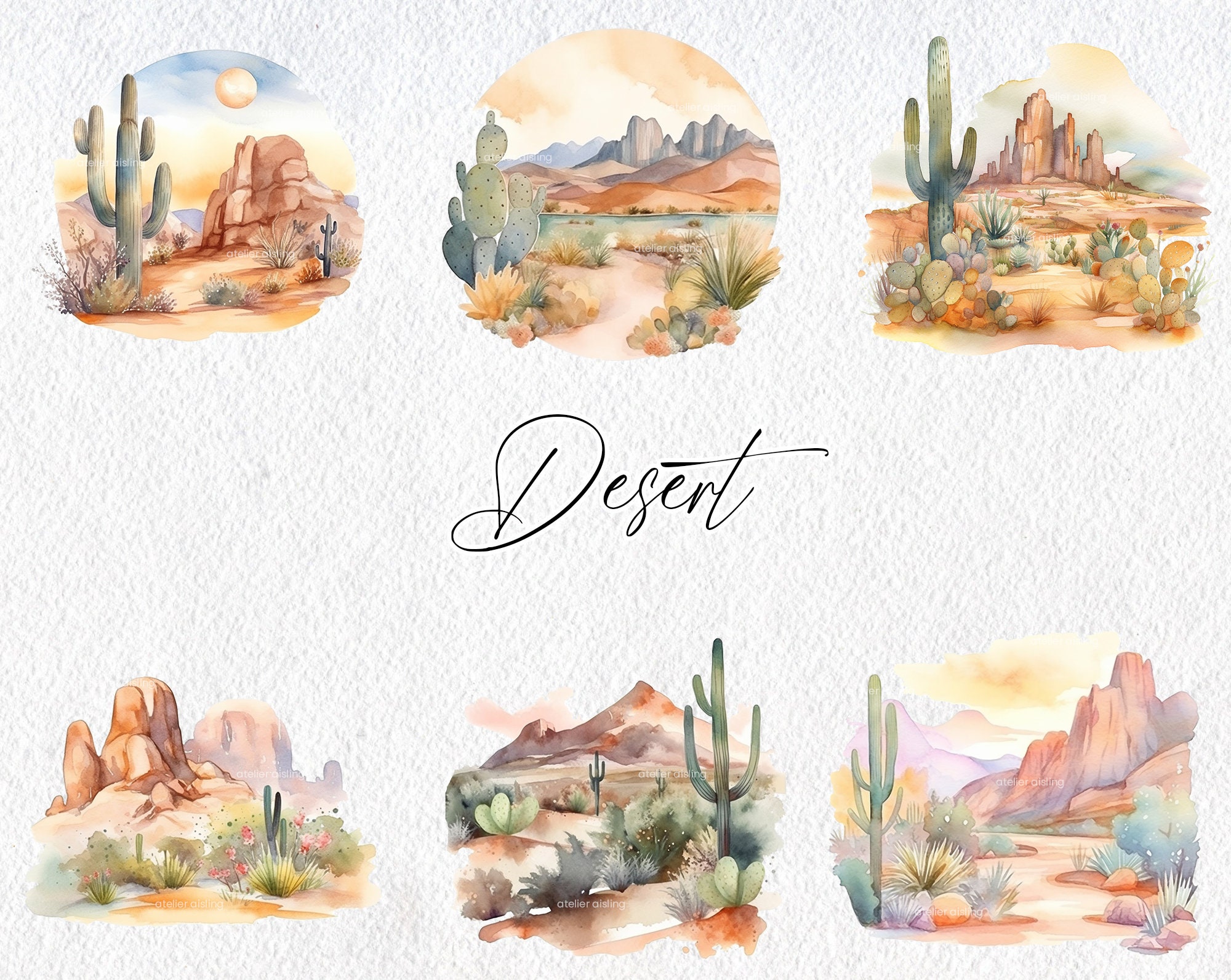 Cute Watercolor Desert Scenes, Commercial Use Clipart, Oasis Clipart ...