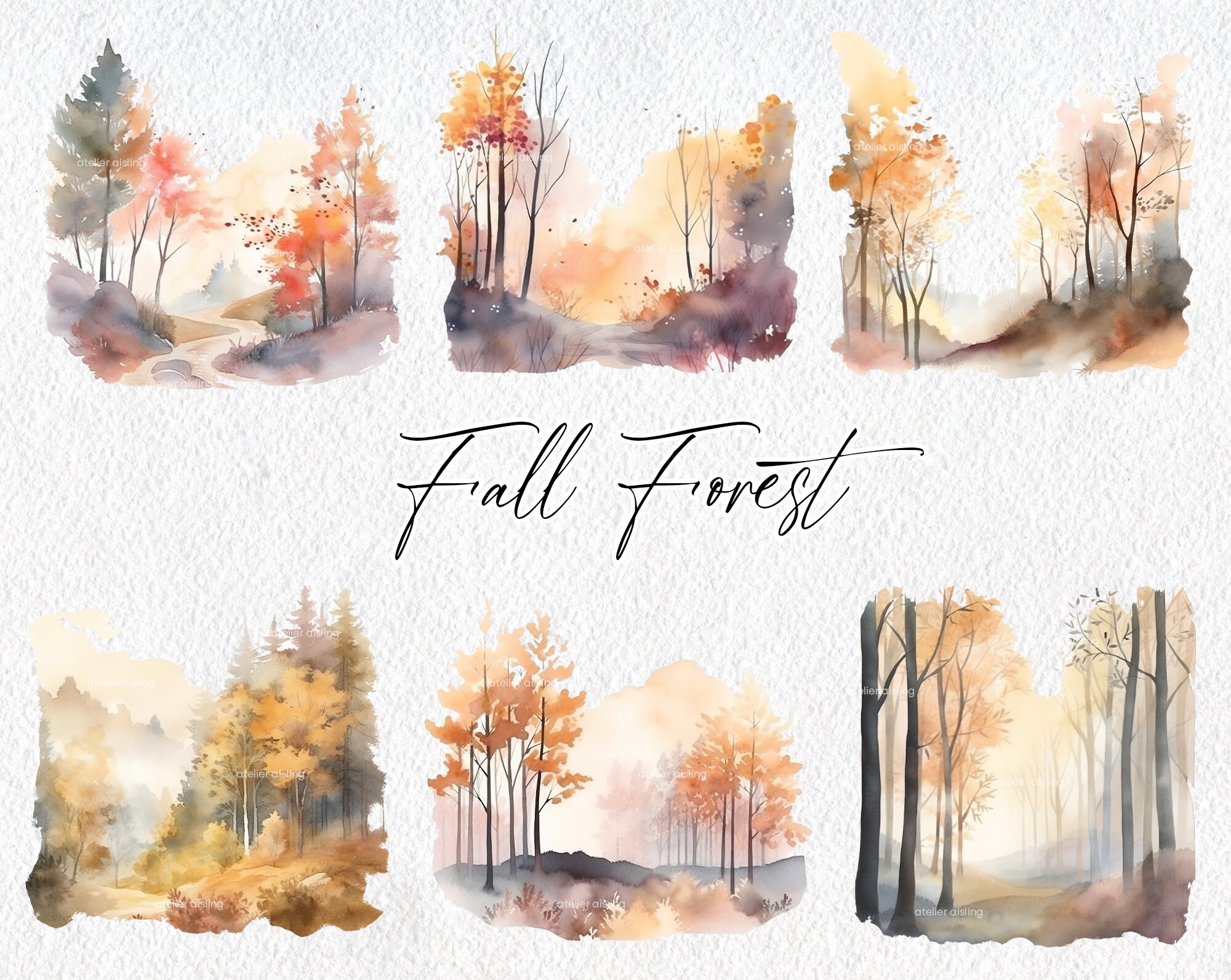 Cute Watercolor Fall Forest, Commercial Use Clipart, Fall Clipart ...