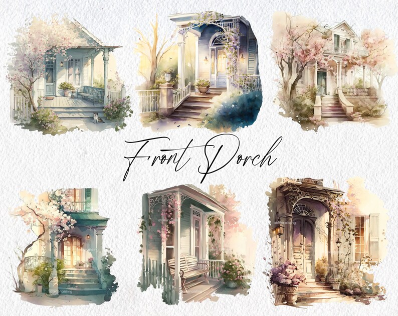 Cute Watercolor Front Porch Scenes, Commercial Use Clipart, Home ...