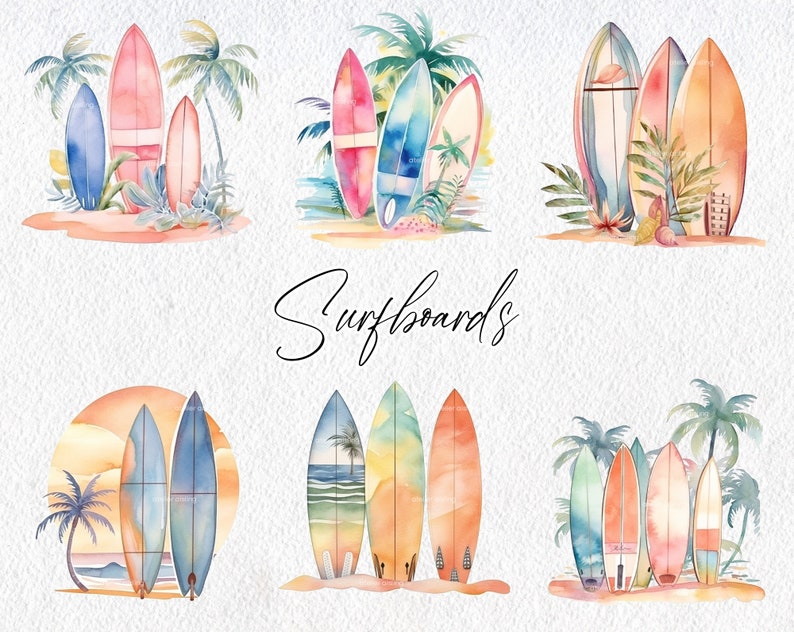 Cute Watercolor Surfboard Scenes, Commercial Use Clipart, Surf Clipart ...