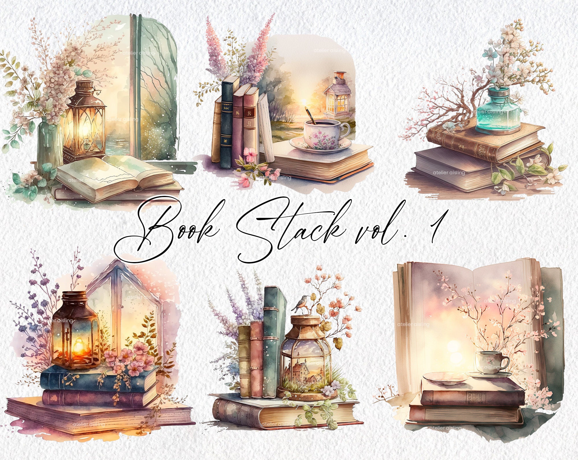 Cute Watercolor Book Stack Scenes Volume 1 Commercial Use - Etsy