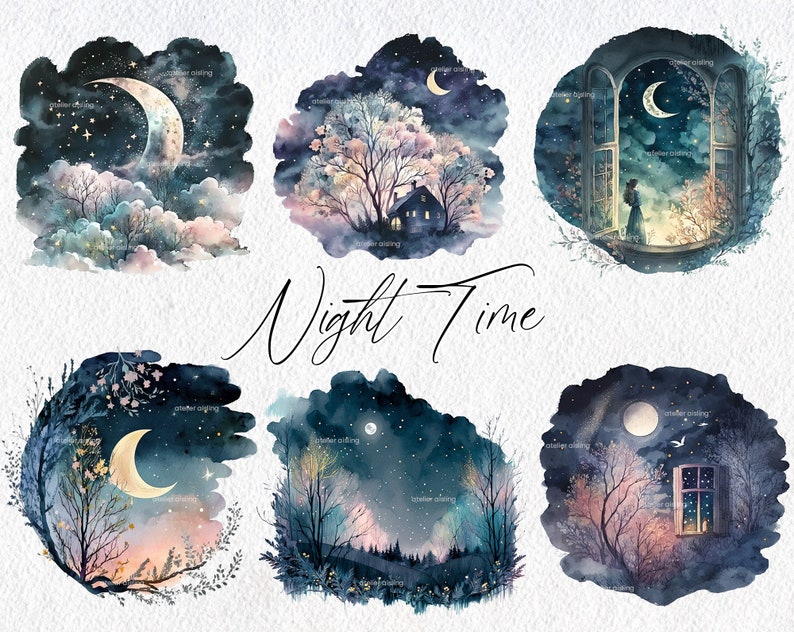 Cute Watercolor Night Time Scenes, Commercial Use Clipart, Night Sky ...