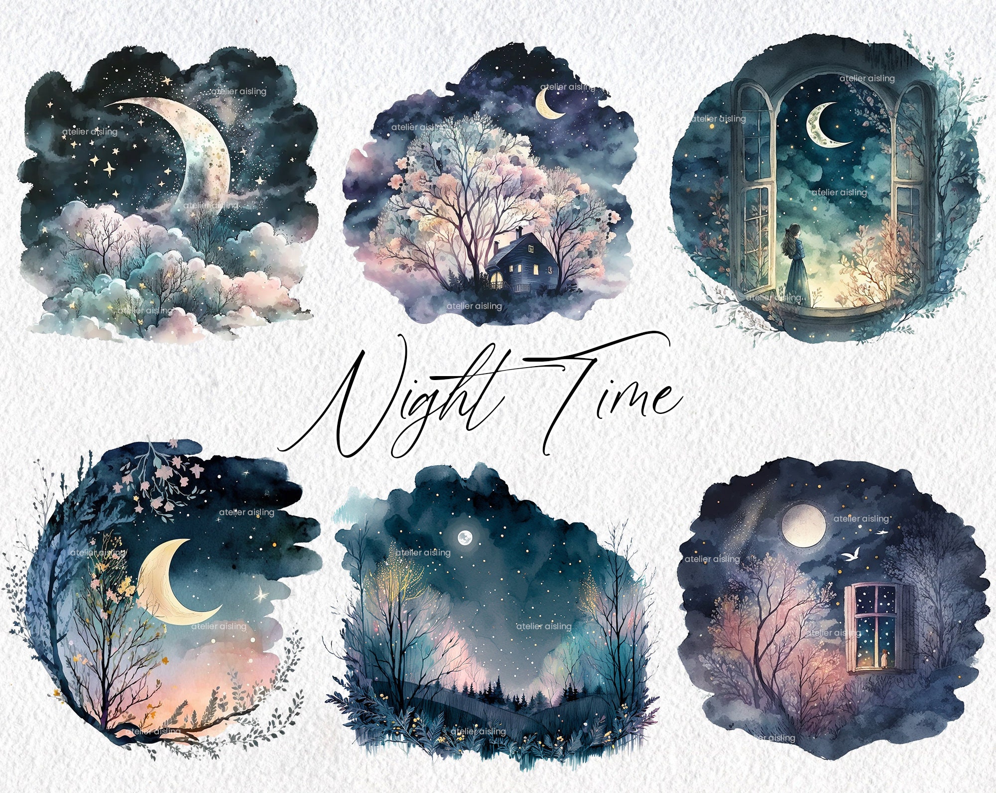 Cute Watercolor Night Time Scenes, Commercial Use Clipart, Night Sky ...