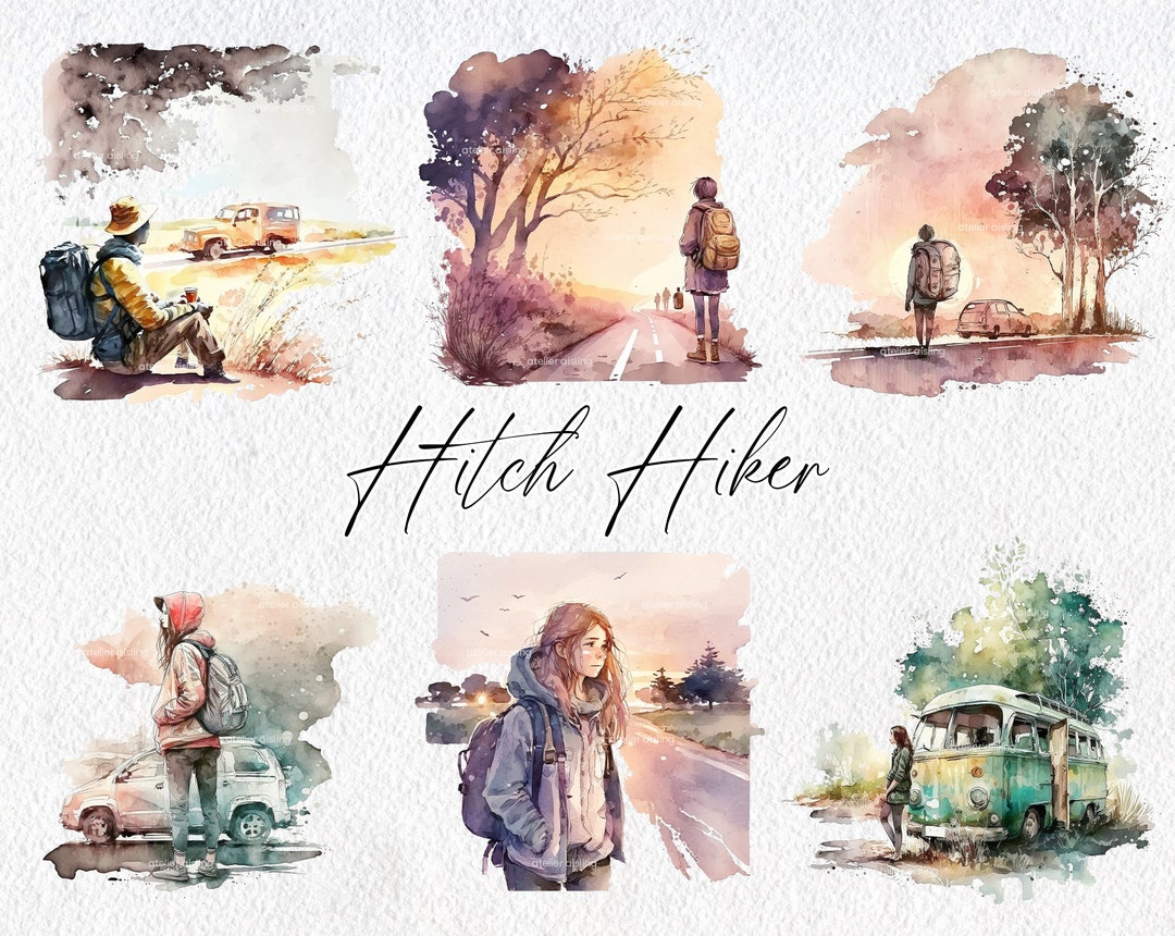 Cute Watercolor Hitchhiker Scenes, Commercial Use Clipart, Hitch Hiker ...