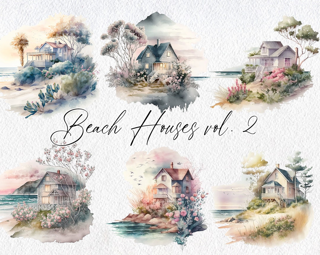Cute Watercolor Beach House Scenes, Volume 2, Commercial Use Clipart ...