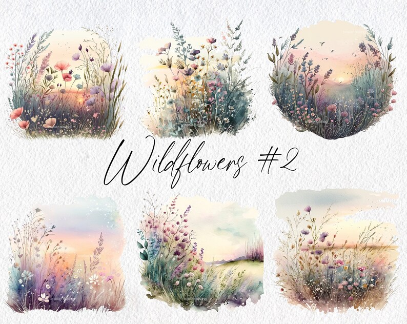 Cute Watercolor Wildflower Scenes, Volume 2, Commercial Use Clipart ...