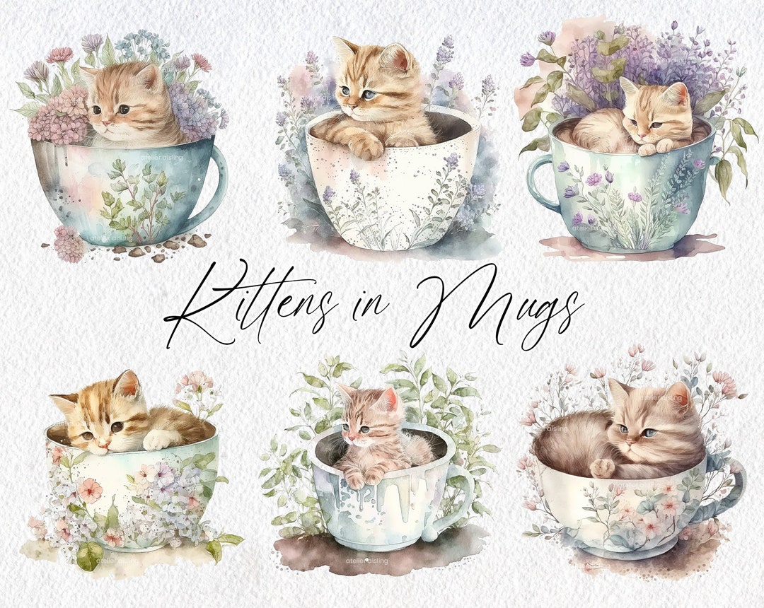 Cute Watercolor Kittens in Mugs Portraits, Commercial Use Clipart ...