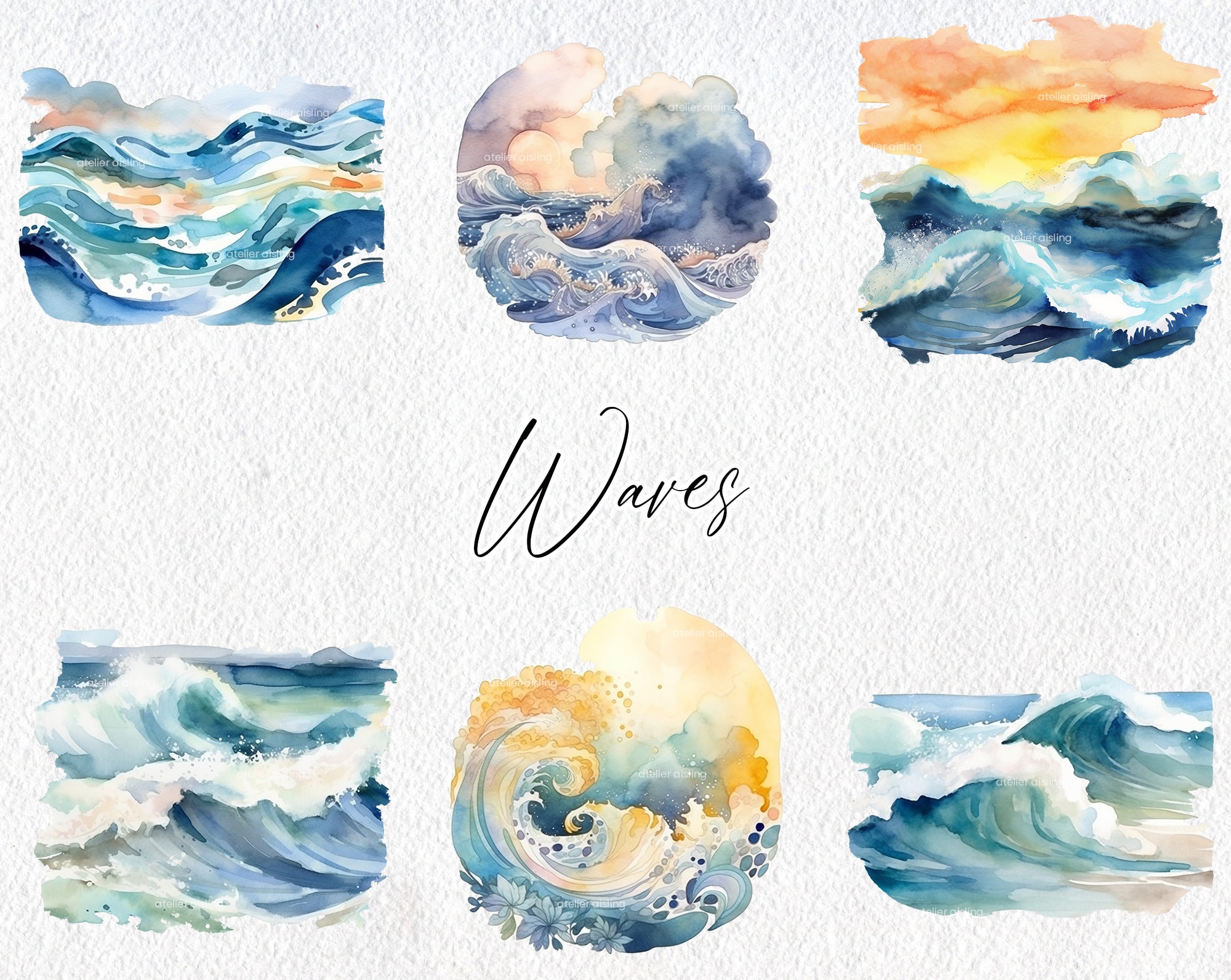 Cute Watercolor Waves Scenes, Commercial Use Clipart, Beach Clipart ...