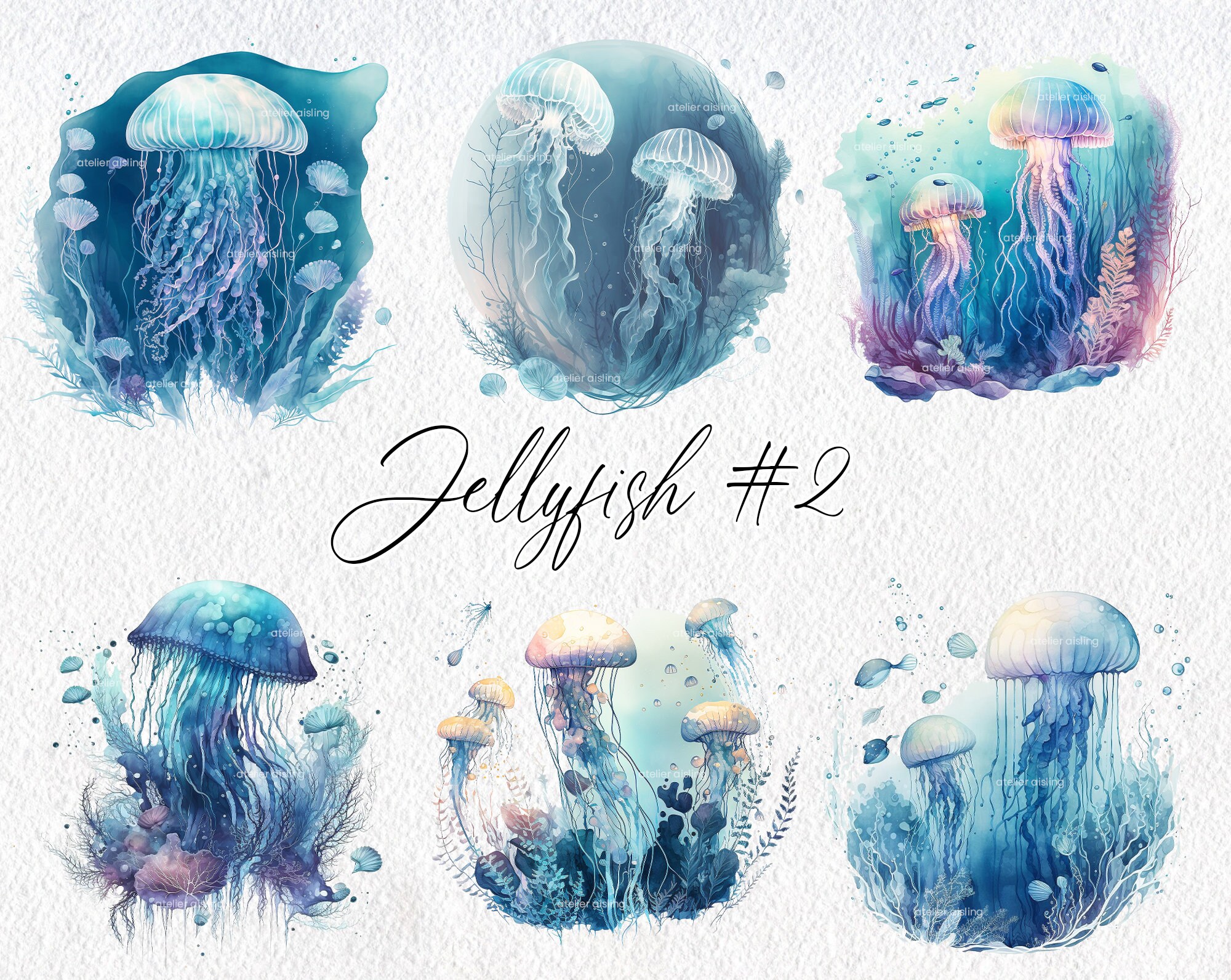 Cute Watercolor Jellyfish Scenes, Volume 2, Commercial Use Clipart ...