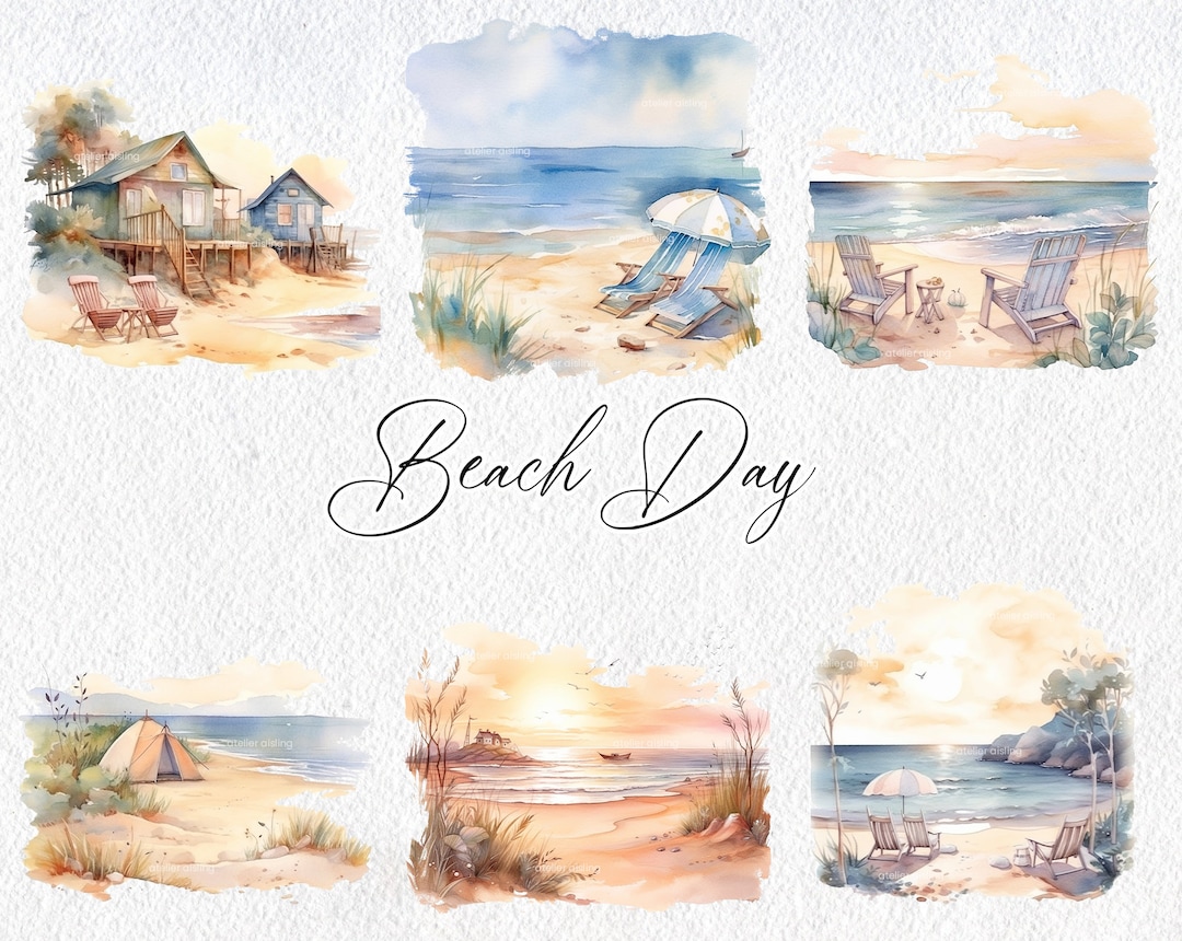Cute Watercolor Beach Day Scenes, Commercial Use Clipart, Beach Clipart ...