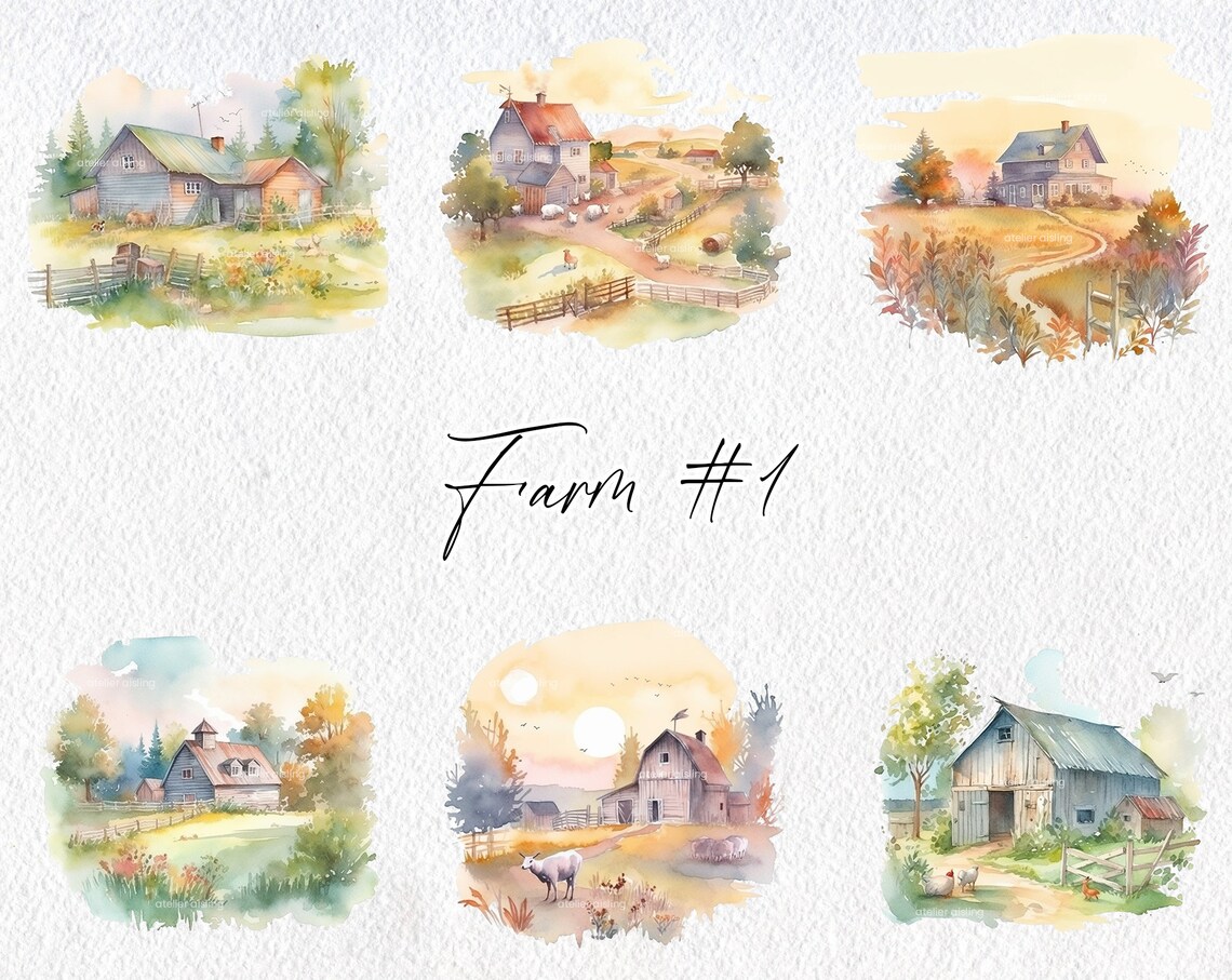 Cute Watercolor Farm Scenes, Volume 1, Commercial Use Clipart, Barn ...