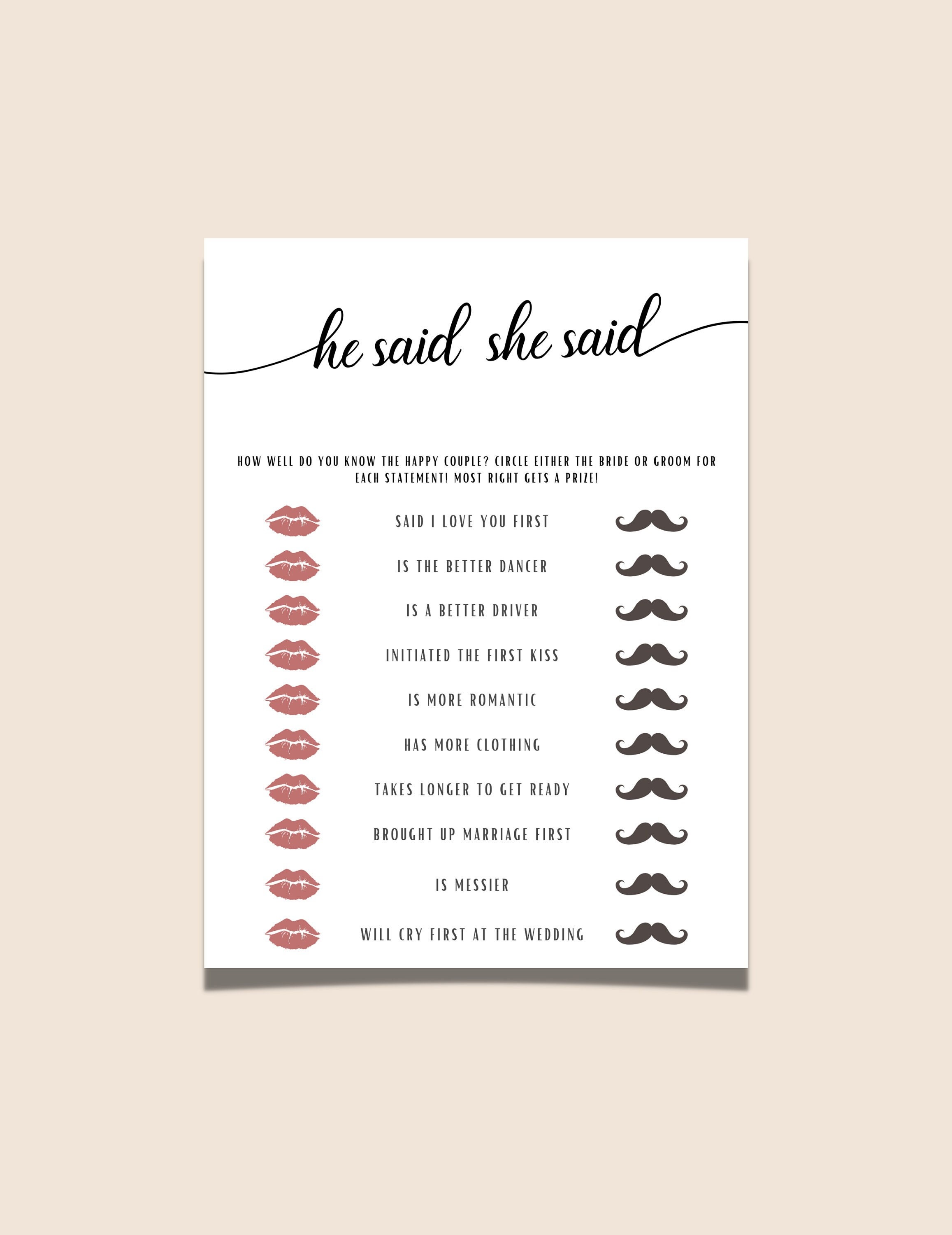 He Said She Said Bridal Shower Game | Bridal Shower Game Template ...